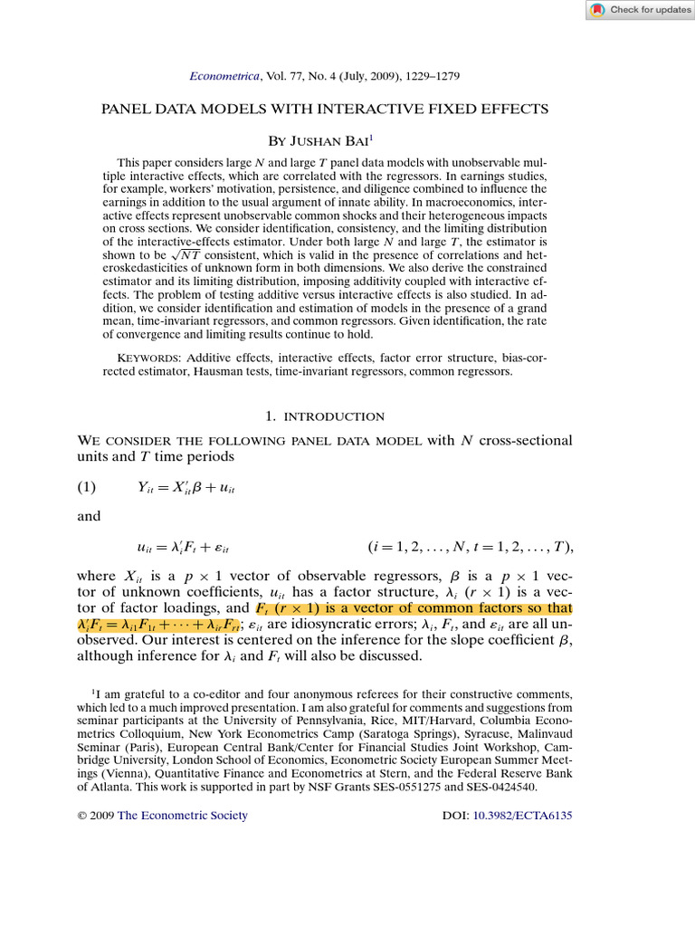 Econometrica - 2009 - Bai - Panel Data Models With Interactive Fixed Effects | PDF | Ordinary ...