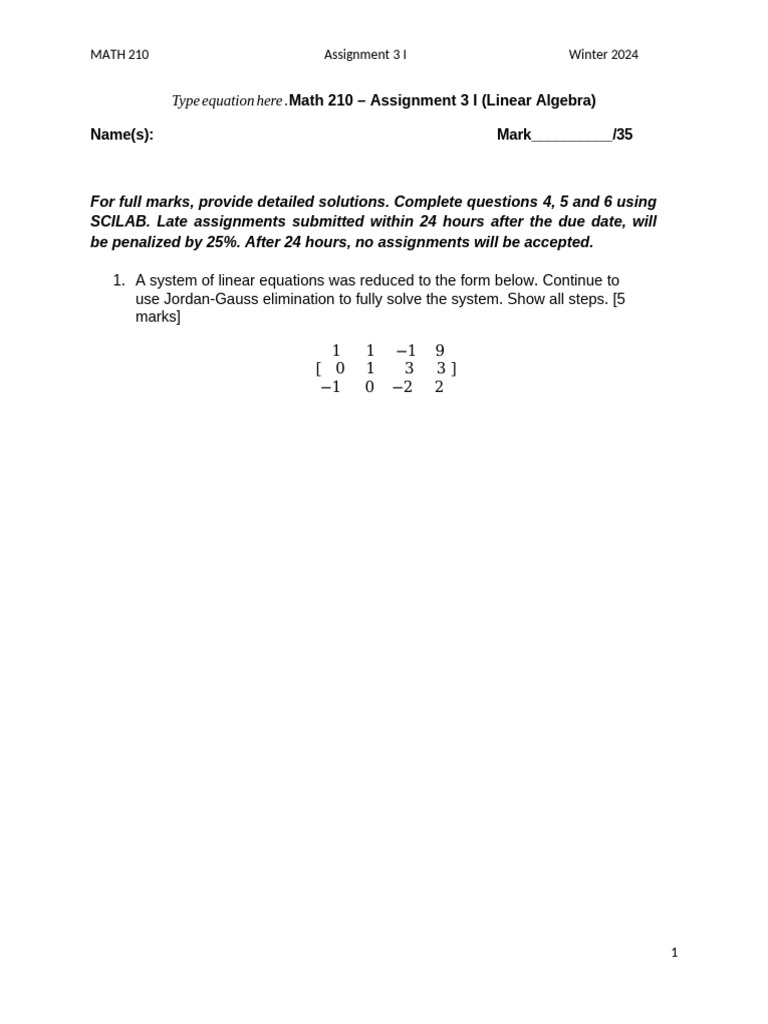 Math 210 - Assignment 3 I - Winter 2024 | PDF