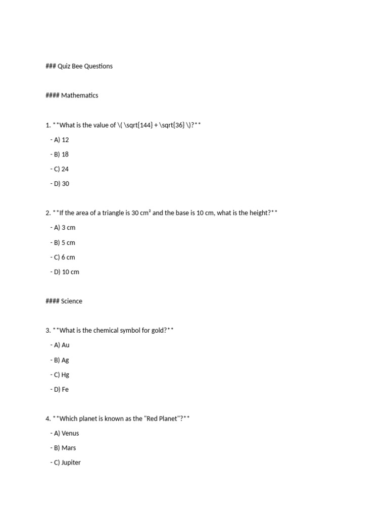 Quiz Bee Questions | PDF