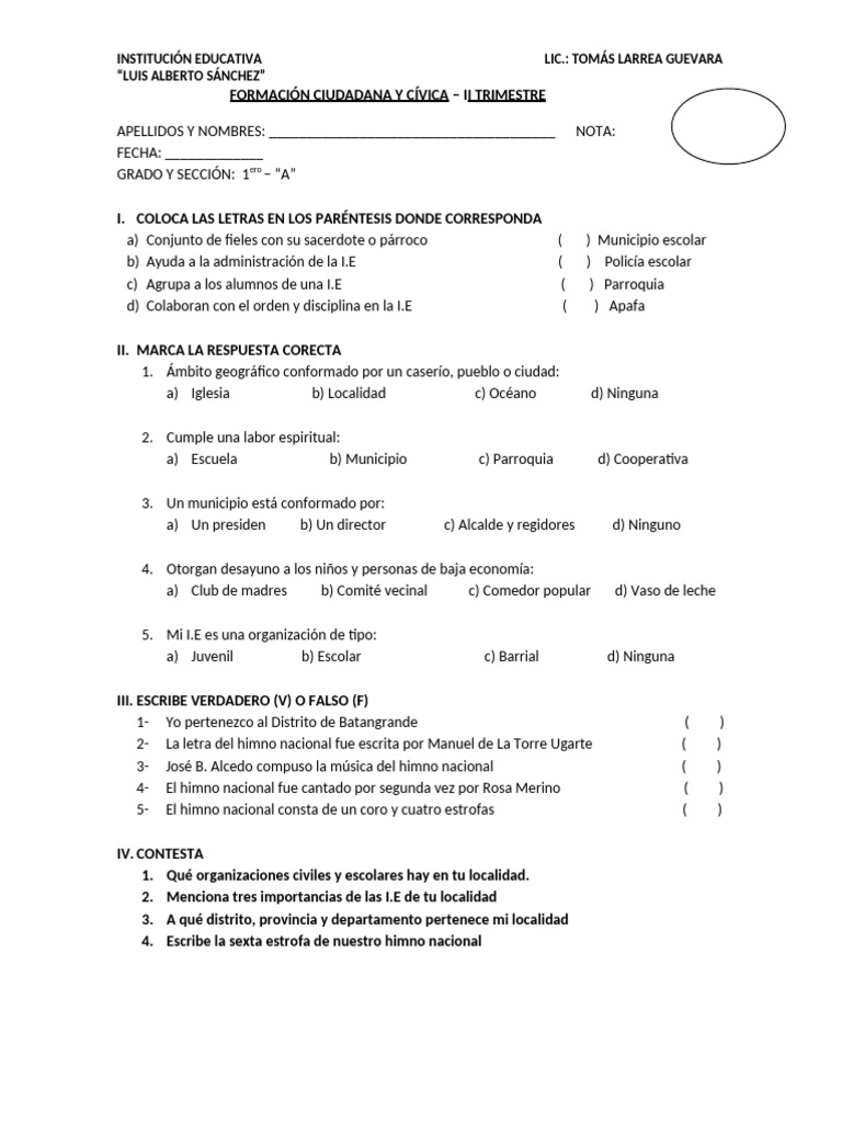 Examen II TRIMESTRE - 1ero | PDF