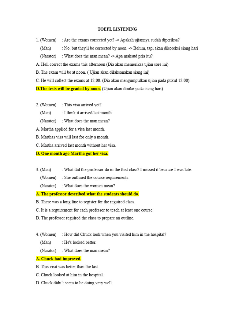 Soal Dan Jawaban Listening TOEFL | PDF