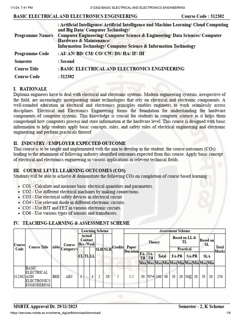 312302-Basic Electrical and Electronics Engineering | PDF