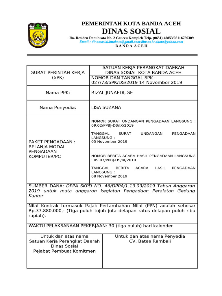SURAT PERINTAH KERJA Komputer Dinsos | PDF