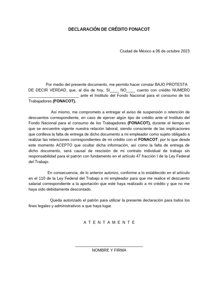 Declaracion - Credito - Fonacot e Infonavit | PDF