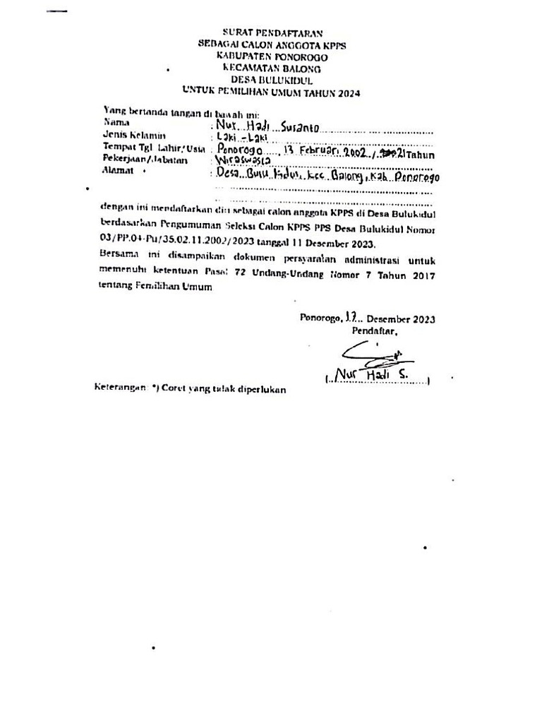 Surat Pendaftaran Nur Hadi Susanto | PDF