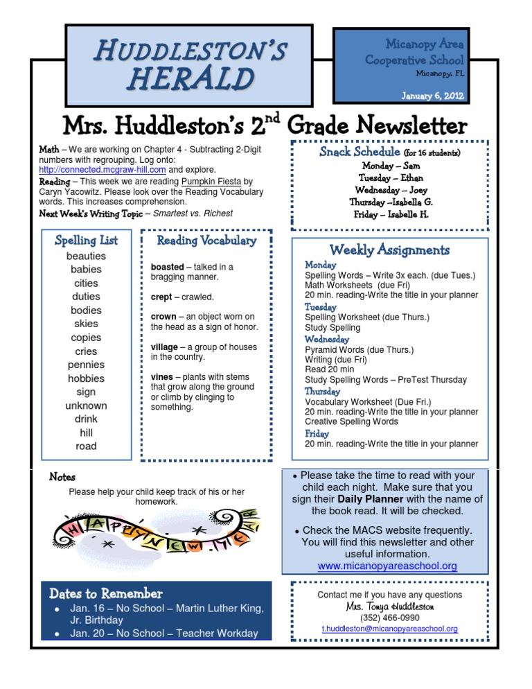 2nd Grade Newsletter - Micanopy, FL | PDF