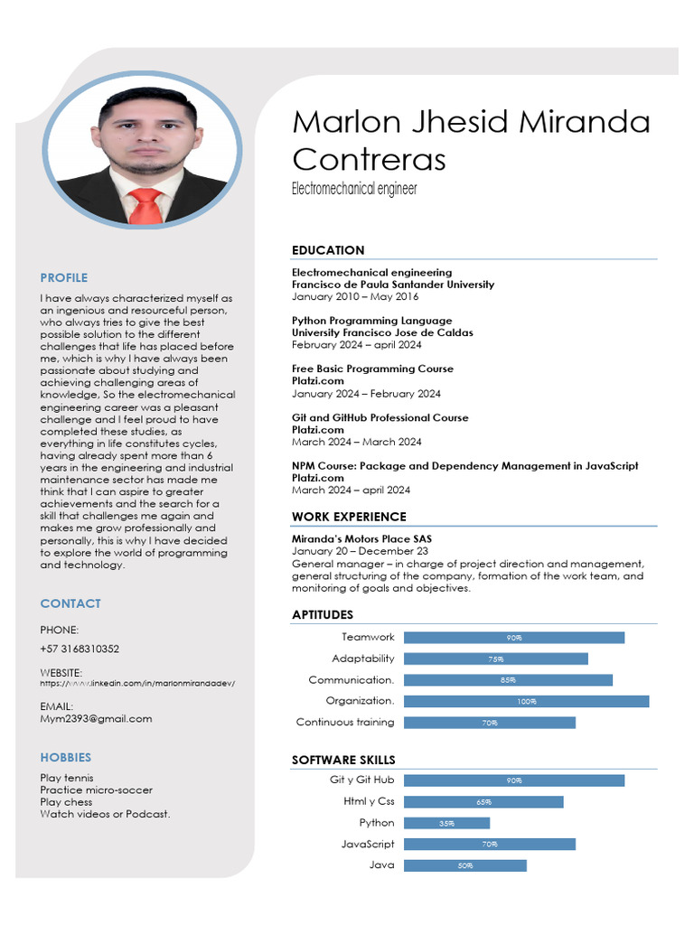 CV Marlon Jhesid Miranda Contreras English | PDF