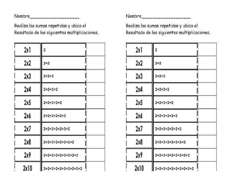 Fciha de sumas repetidas de la tabla del 2 | PDF