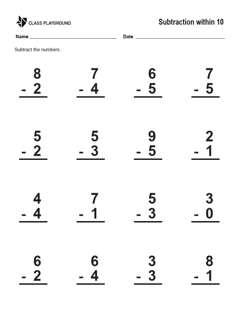Subtraction Within 10 Worksheet US Letter | PDF