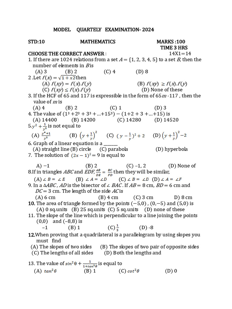 10th Maths Quarterly Exam 2024 Model Question Paper Dharmapuri District English Medium PDF ...