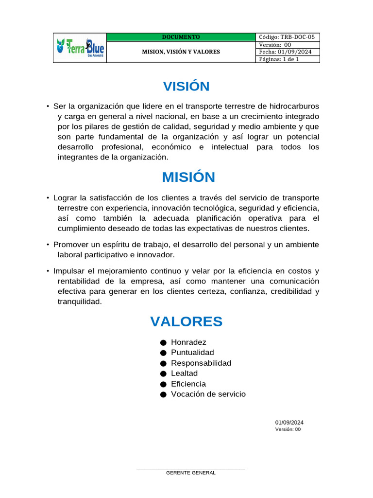 Trb-Doc-05 Mision, Vision y Valores | PDF