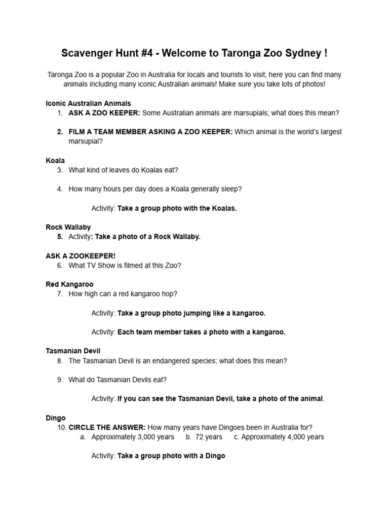 Scavenger Hunt #4 - Welcome To Taronga Zoo Sydney | PDF