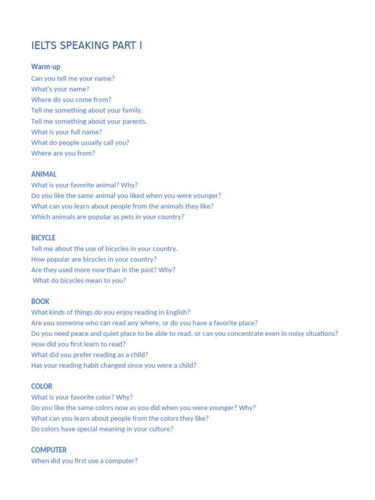 Speaking Topics Part I | PDF | Tourism | Kitchen