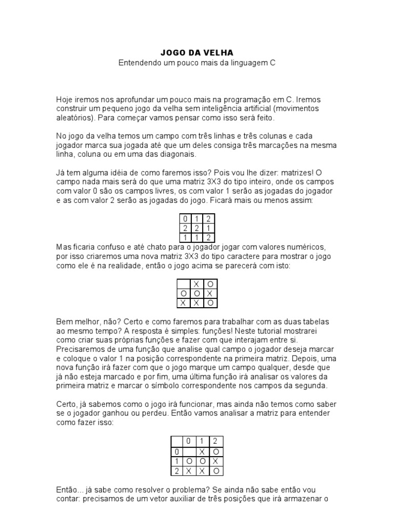 Jogo Da Velha Pdf C Linguagem De Programação Tipo De Dados
