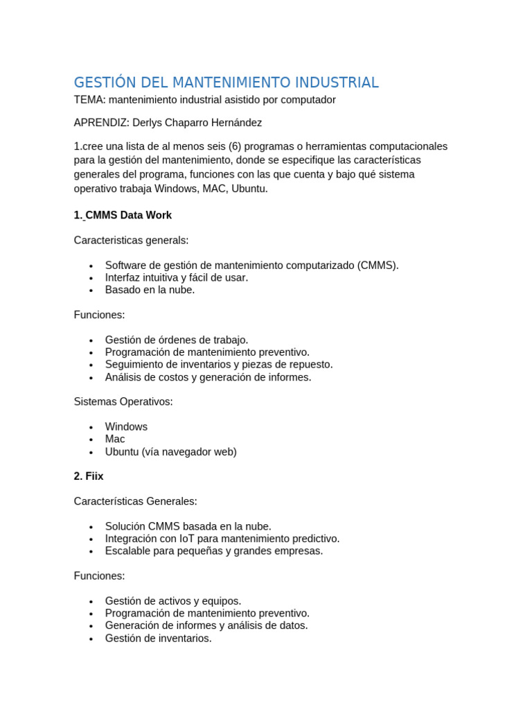 Taller 3 Formatos Gestión Del Mantenimiento Industrial. | PDF | Sistema operativo | Negocios