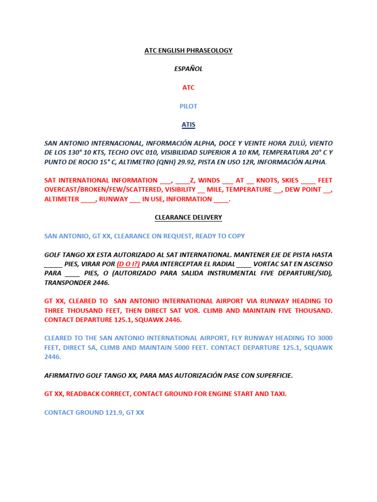 ATC Phraseology Handout (Ingles) | PDF