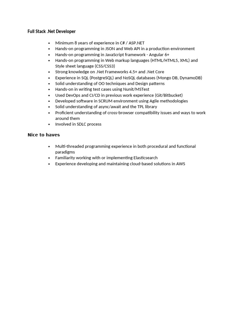 JD - Full Stack .Net Developer | PDF