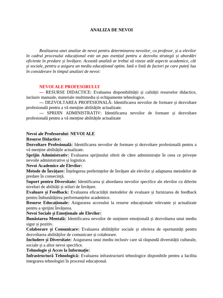 Analiza de Nevoi | PDF