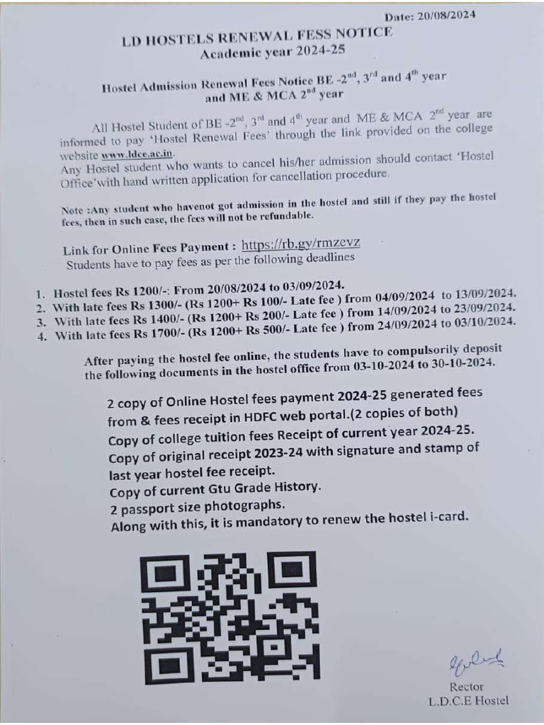 Hostel Renewal Fees Notice 2024 25 PXsCEx | PDF