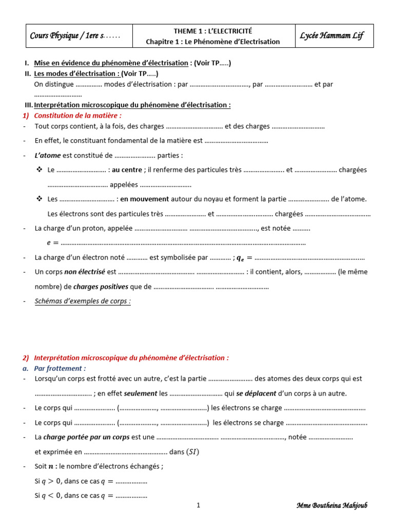 Phys 1annee Chap1 Le Phenomene D'electrisation p1 Et 2 | PDF