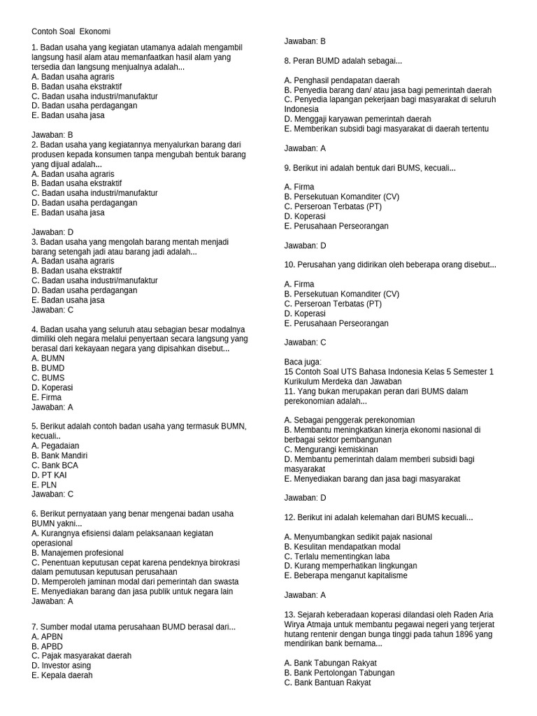 Contoh Soal Ekonomi 11 Bab 1 Kurmer | PDF