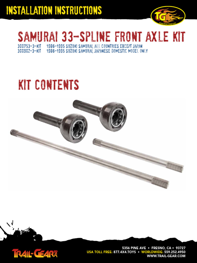 Suzuki Samurai 33-Spline Front Axle Kit Installation Instructions | PDF