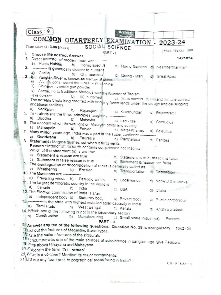 9th Social EM Quarterly Exam 2023 Original Question Paper Chennai District English Medium PDF ...