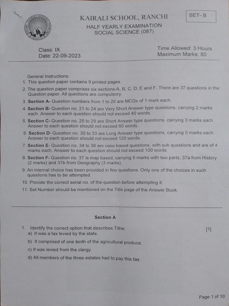 Class 9 Previous Year Question Papers - Social Science | PDF