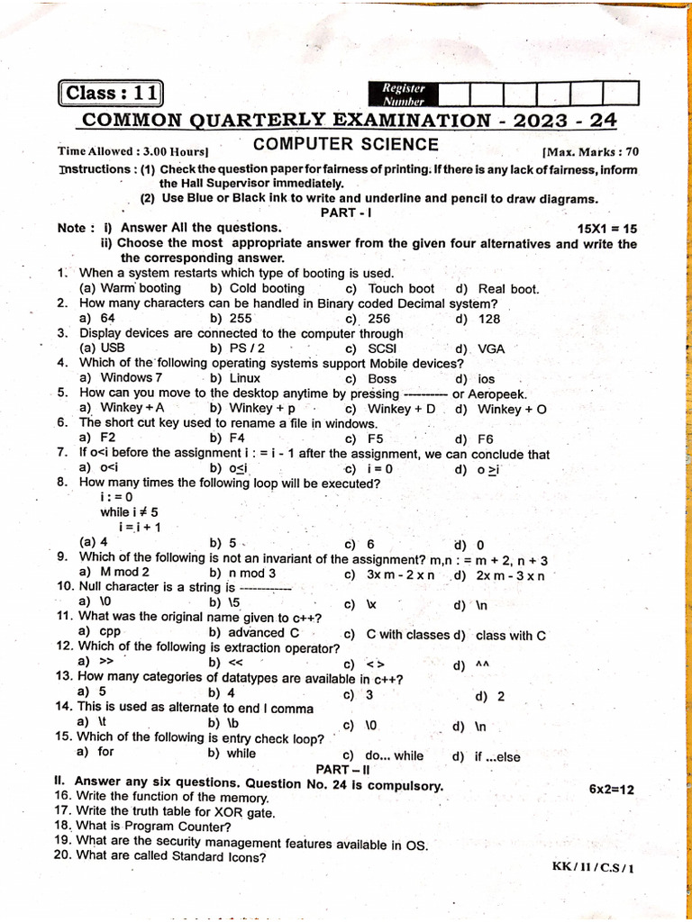 11th Computer Science EM Quarterly Exam 2023 Original Question Paper ...