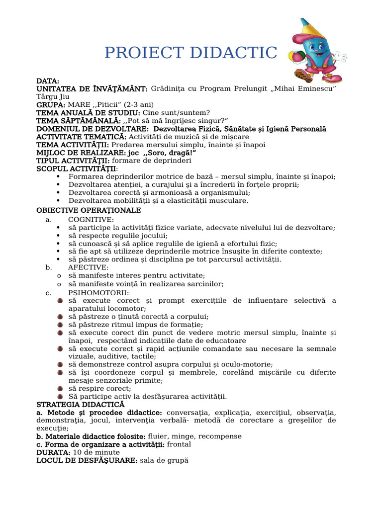 Proiect Didactic Sport Grupa Mare ANTEPREȘCOLAR | PDF