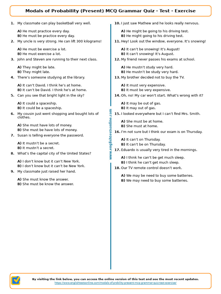 746 Modals of Probability Present MCQ Grammar Quiz Test Exercise | PDF