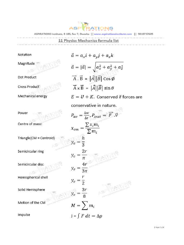 11 Phy Formula List PDF Mechanics | PDF