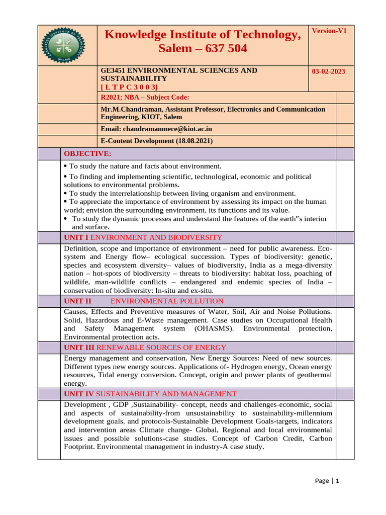 EVS Syllabus R2021 | PDF