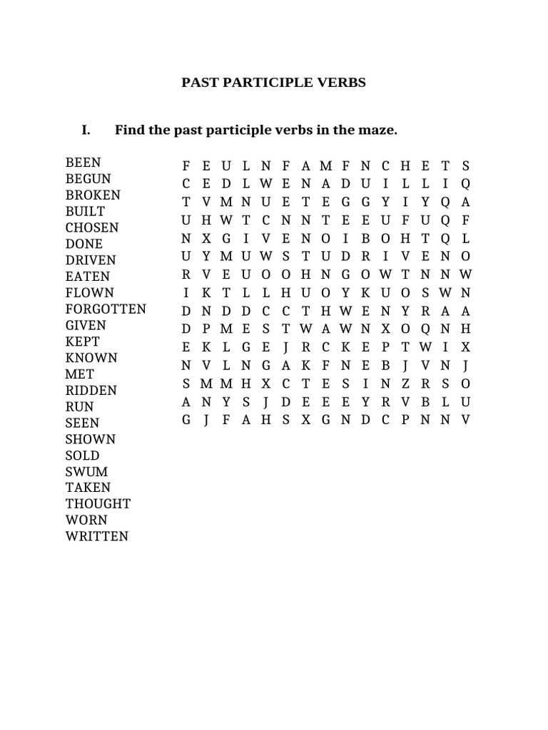 Past Participle Verbs Wordsearch | PDF