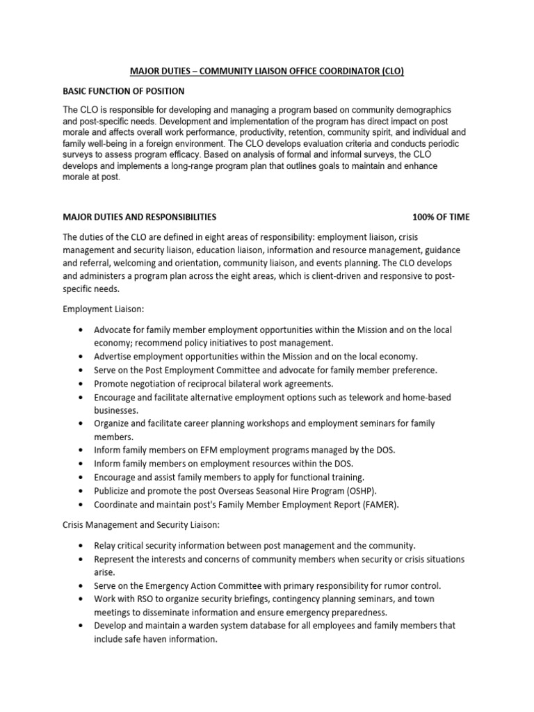 Major Duties Community Liaison Office Coordinator CLO 1 1 | PDF ...