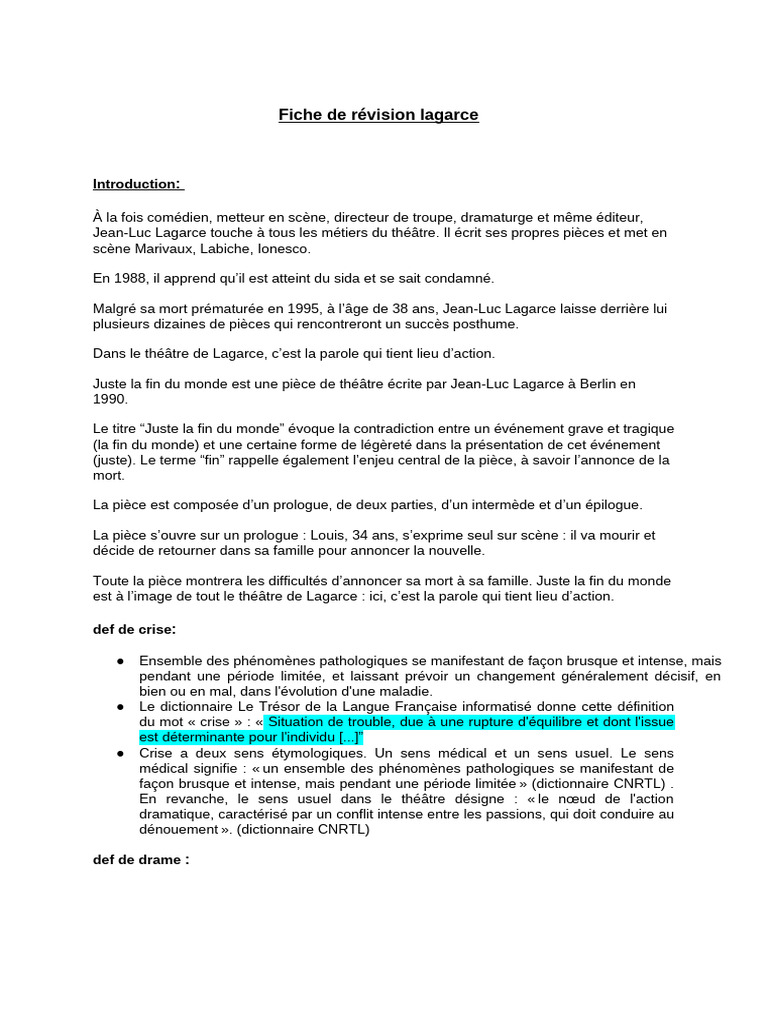 Fiche Revision Lagarce | PDF