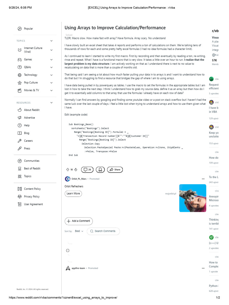 (EXCEL) Using Arrays To Improve Calculation - Performance - R - Vba | PDF