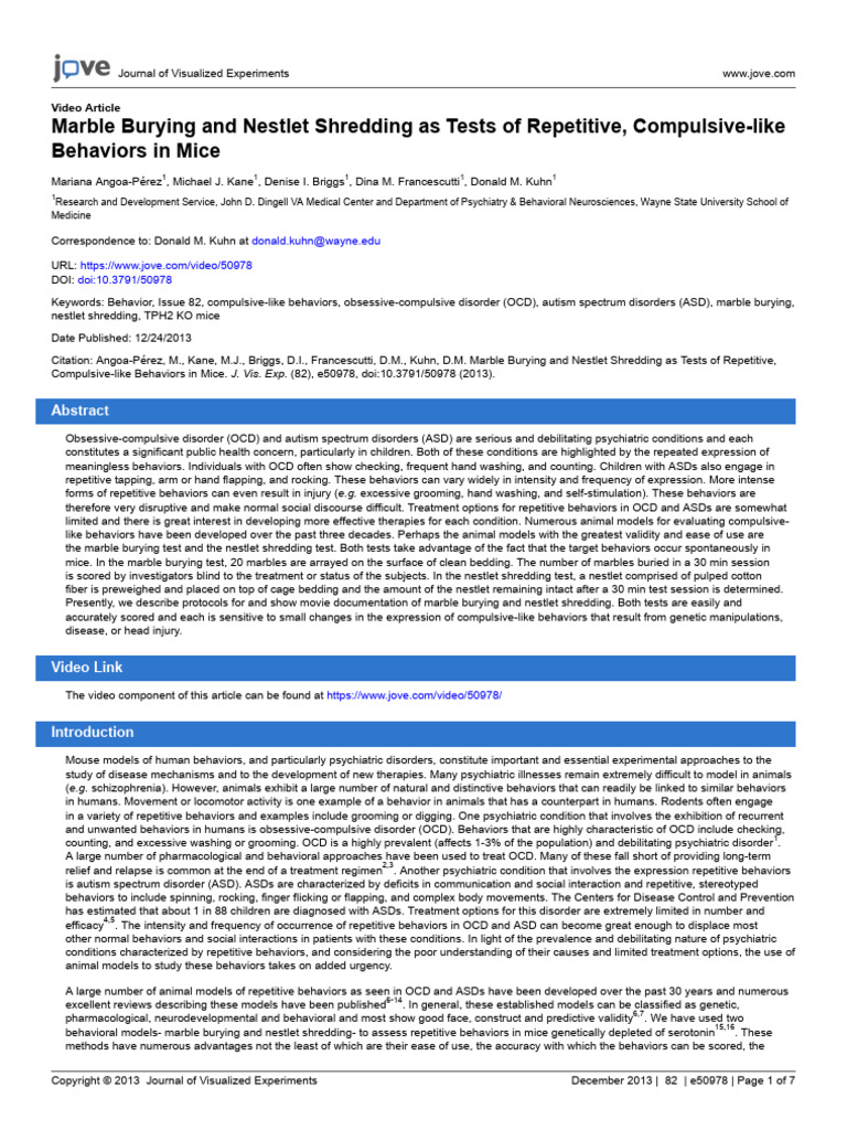 Marble Burying and Nestlet Shredding As Tests of Repetitive, Compulsive ...