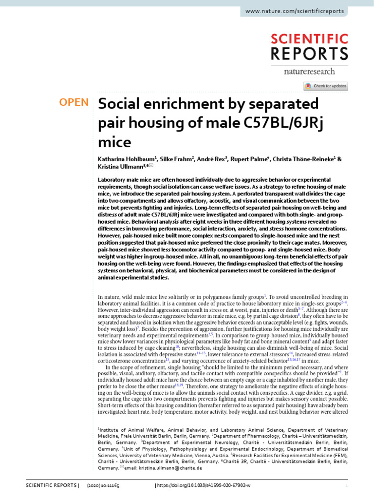 Social Enrichment by Separated Mice: Pair Housing of Male C57Bl/6Jrj | PDF