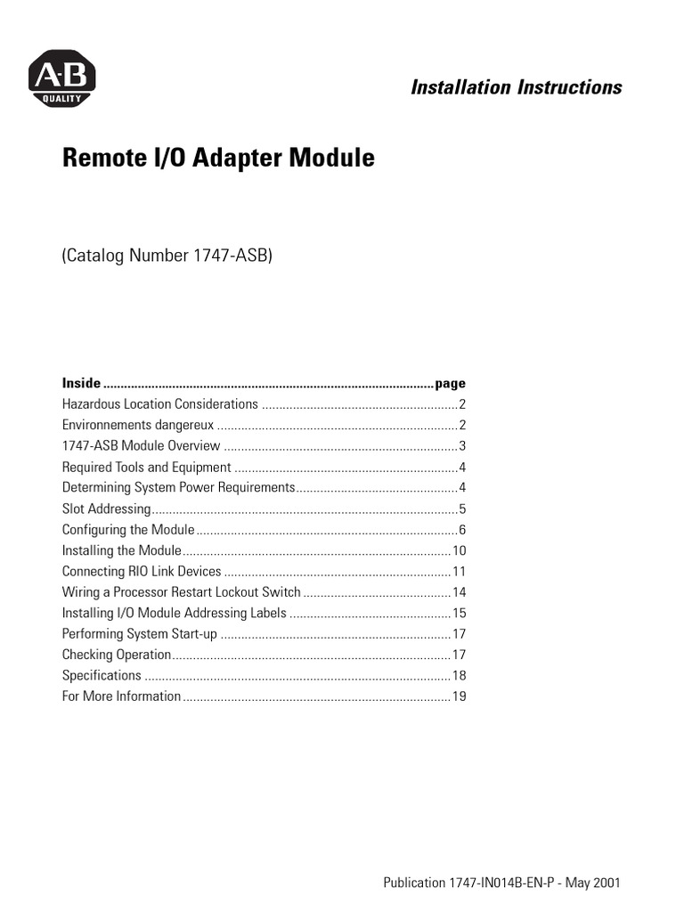 Remote IO Adapter Module Installation Instructions | PDF