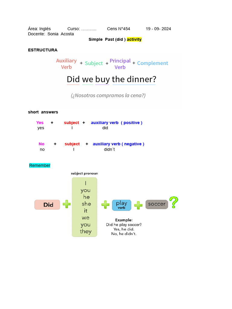 Inglés - Sonia Acosta - Simple Past (Did) | PDF