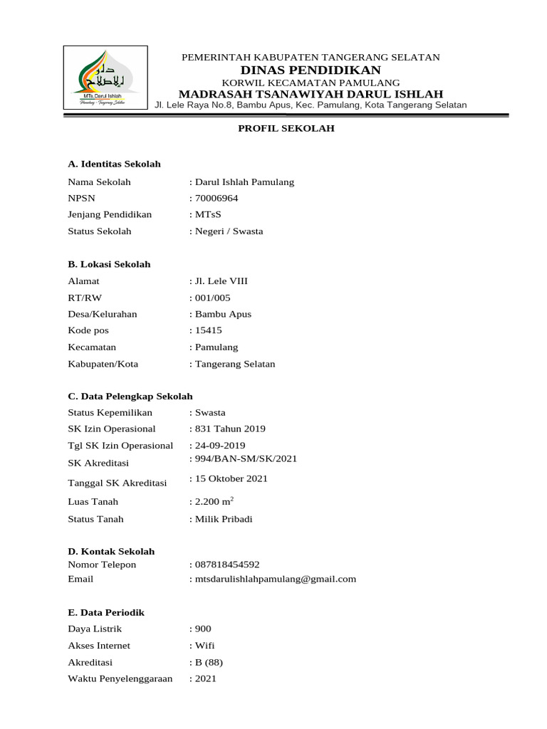 Profil MTS Darul Ishlah 2024 | PDF