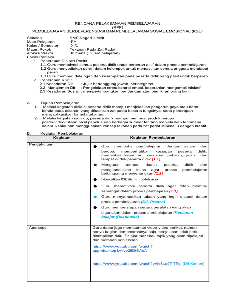 (RPP) Diferensiasi Dan Kse Kelas 9 Sem 1 Bab Tekanan | PDF