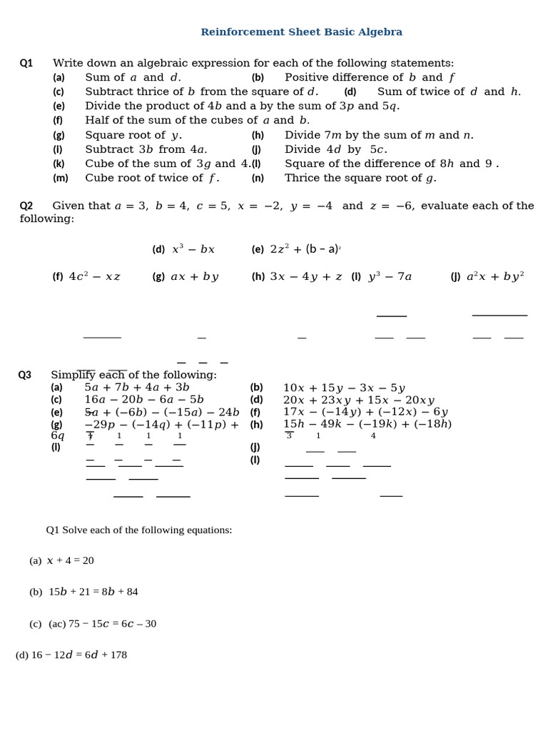 Algebraic Expressions And Factorisaton Worksheet Pdf