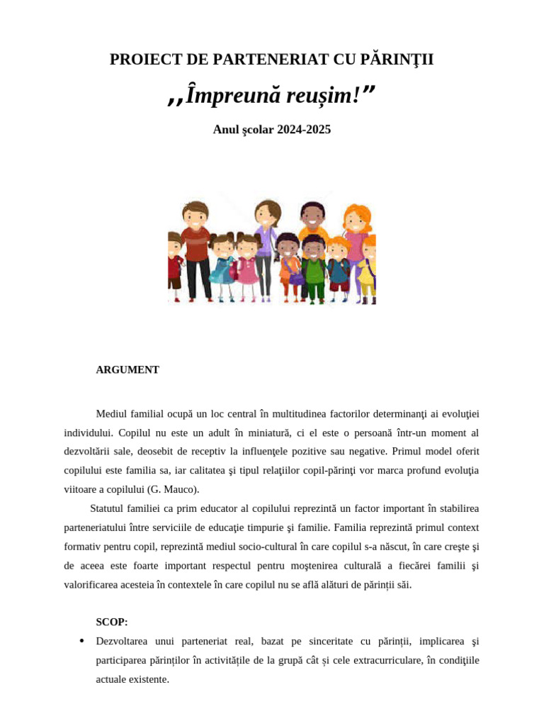 Proiect de Parteneriat Cu Parintii 20242025 | PDF