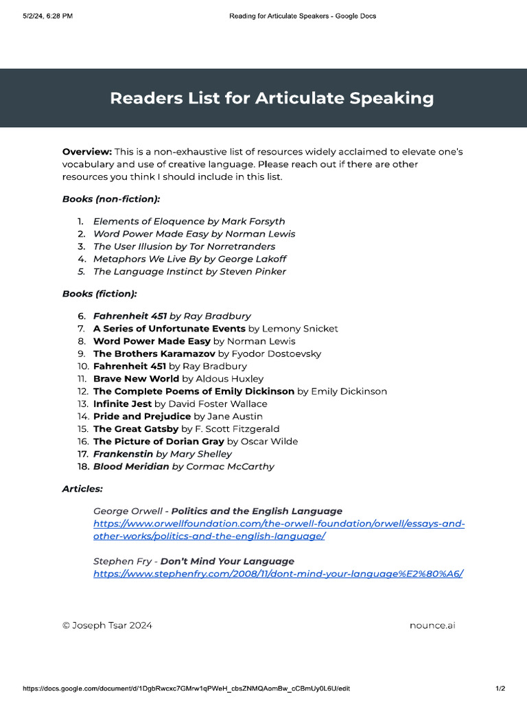 Readers List For Articulate Speaking | PDF