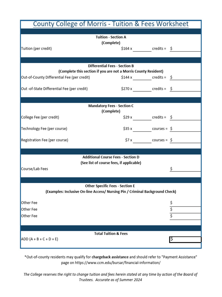 Tuition and Fees Worksheet 2023 24 Updated March 2024 New | PDF