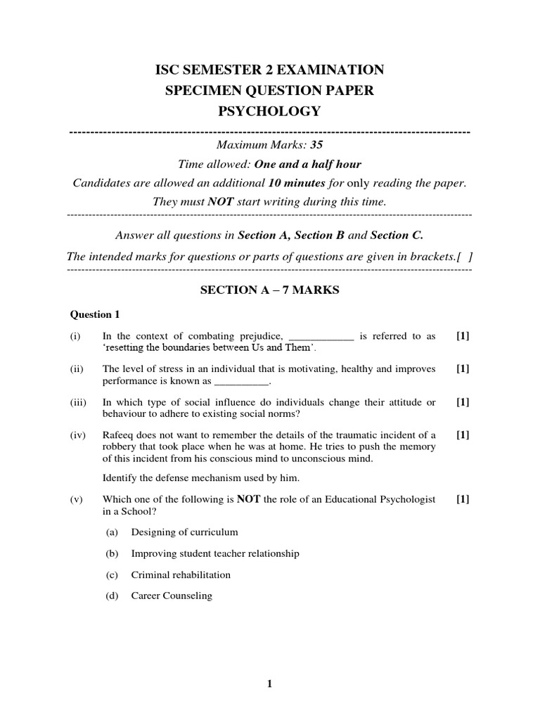 ISC Class 12 Psychology Question Paper (Sem 2) 2022 | PDF