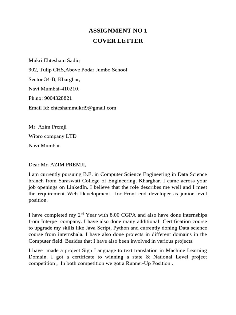 Cover Letter Assignment No 1 | PDF