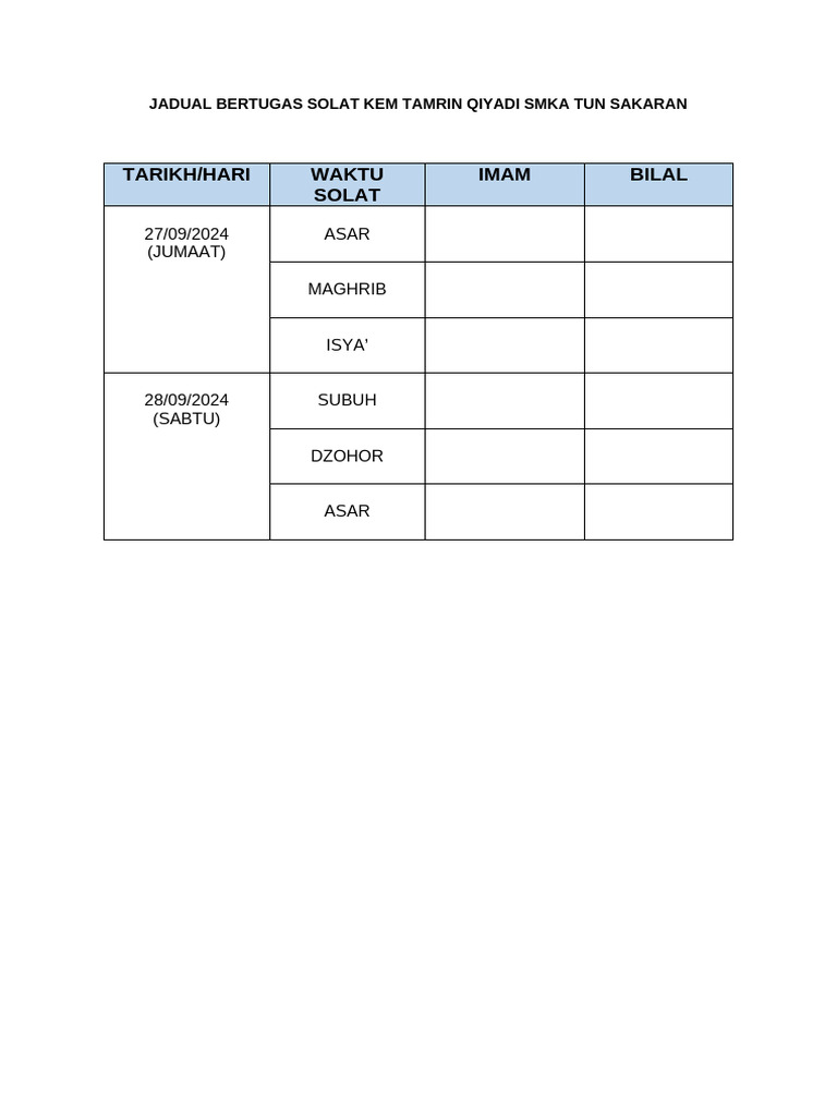 Jadual Bertugas Waktu Solat Kem Tamrin Qiyadi | PDF